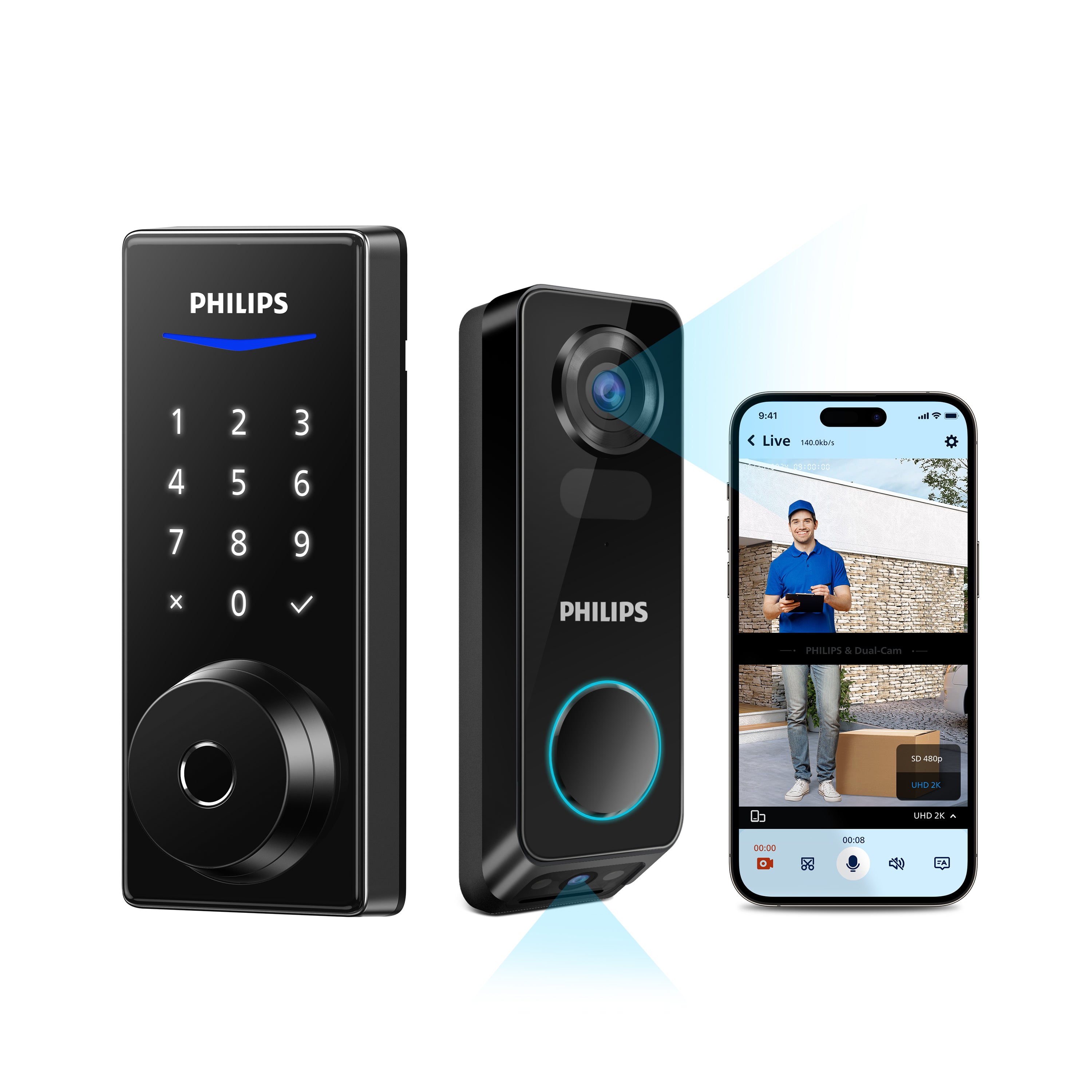 Philips Fingerprint Touchscreen Deadbolt & 2K Video Doorbell Bundle ...